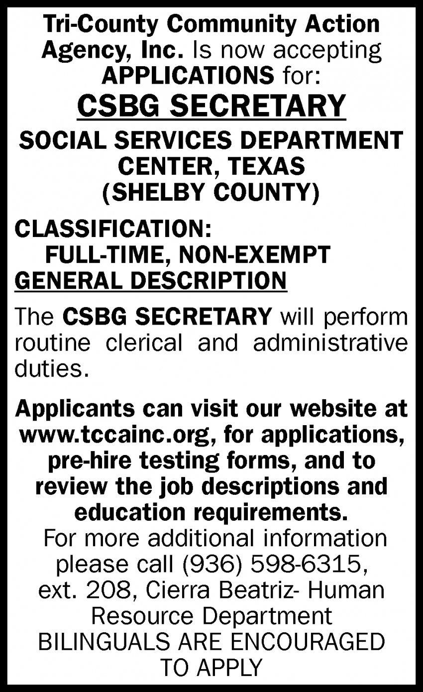 CSBG Secretary, Tri-County Community Action Agency, Inc., Center, TX
